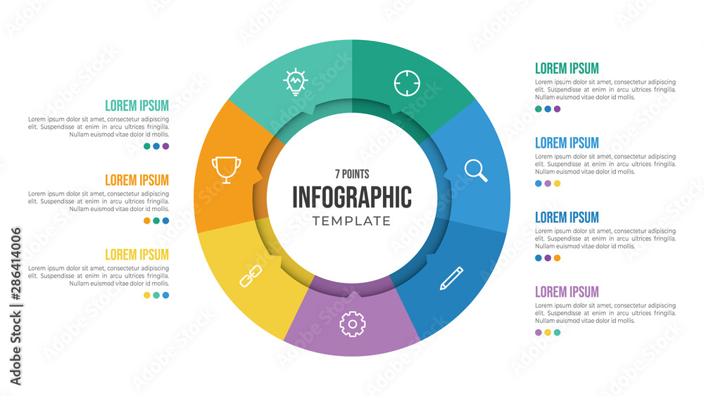 7 points circular infographic element template with icons and colorful ...