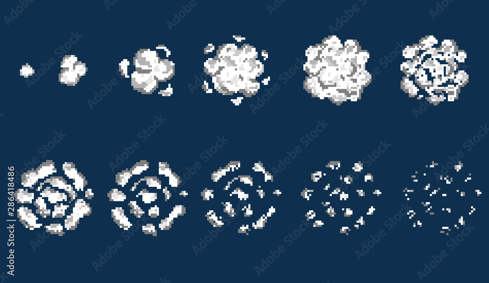 Pixel art cloud of smoke. Game icons set. Comic boom flame effects for ...