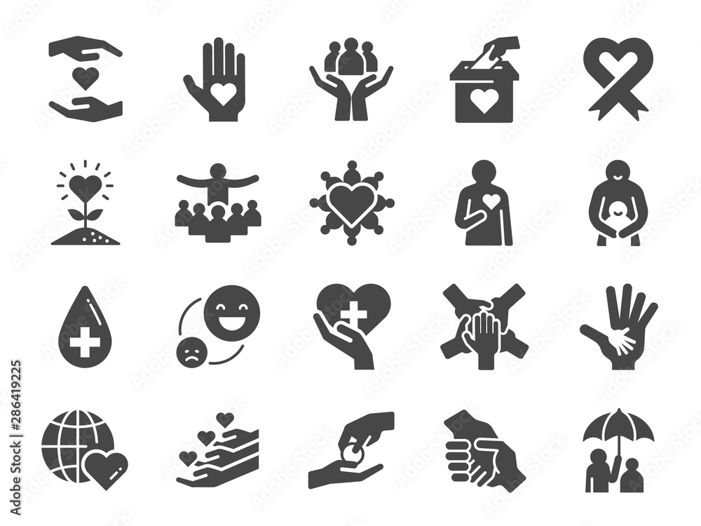 Charity icon set. Included icons as kind, care, help, share, good ...