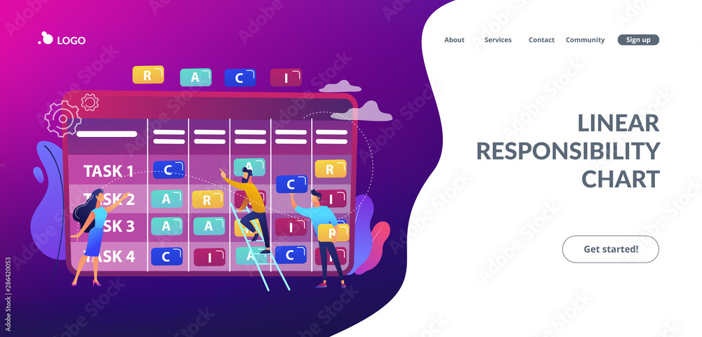 Tiny business people at responsibility chart with tasks. RACI matrix ...