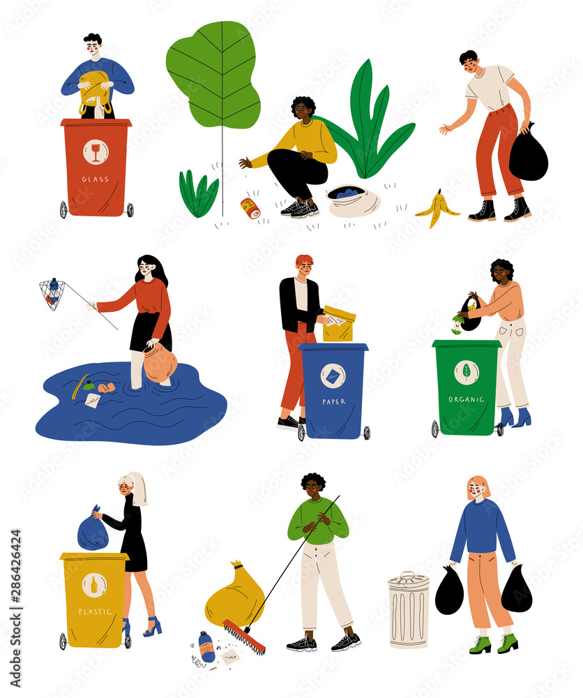 Young Men and Women Picking Up Litter Outdoors Set, People Gathering ...