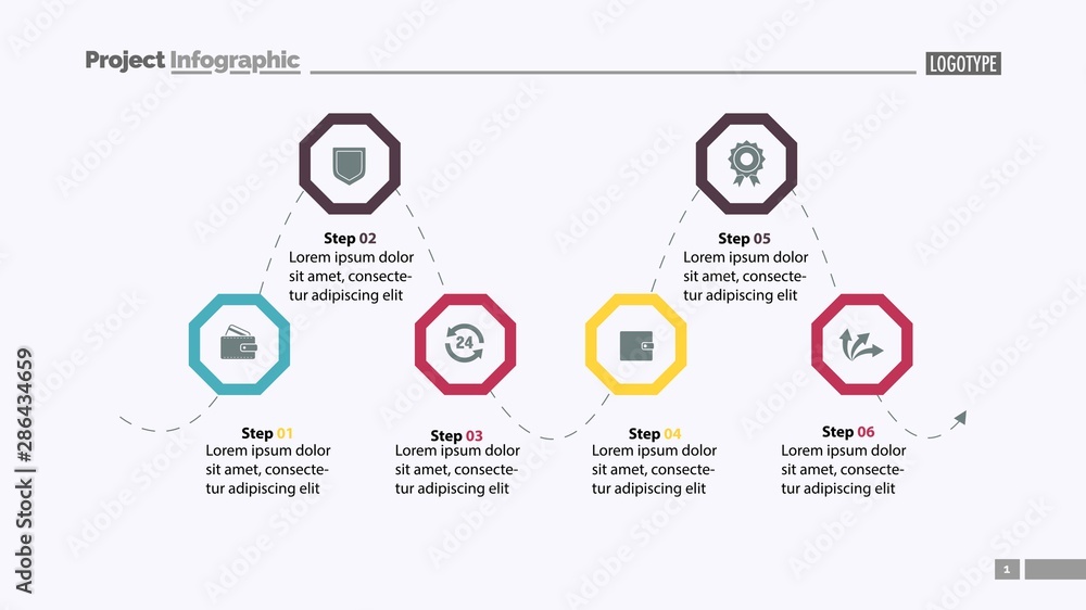 Six step process chart slide template. Business data. Design, step ...