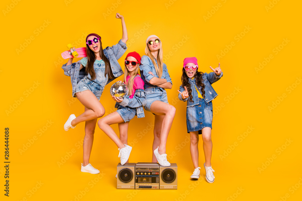 Full length size photo of group of four people carefree students having ...