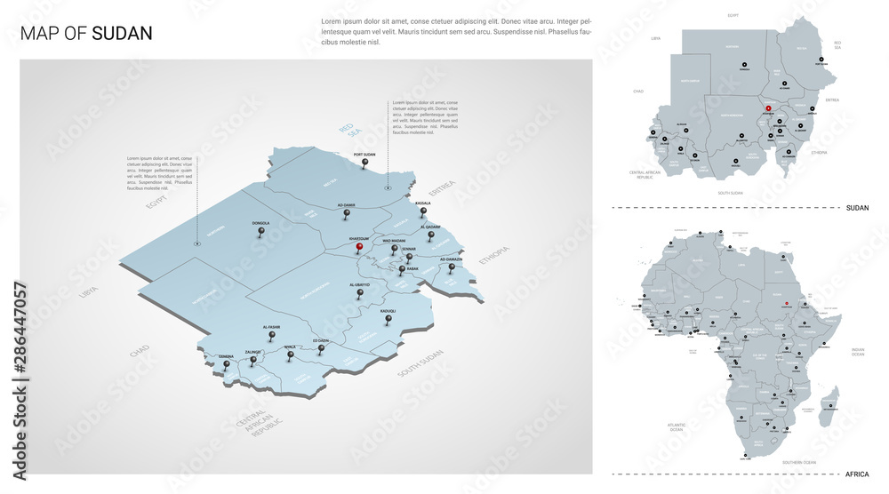 Vector set of Sudan country. Isometric 3d map, Sudan map, Africa map ...