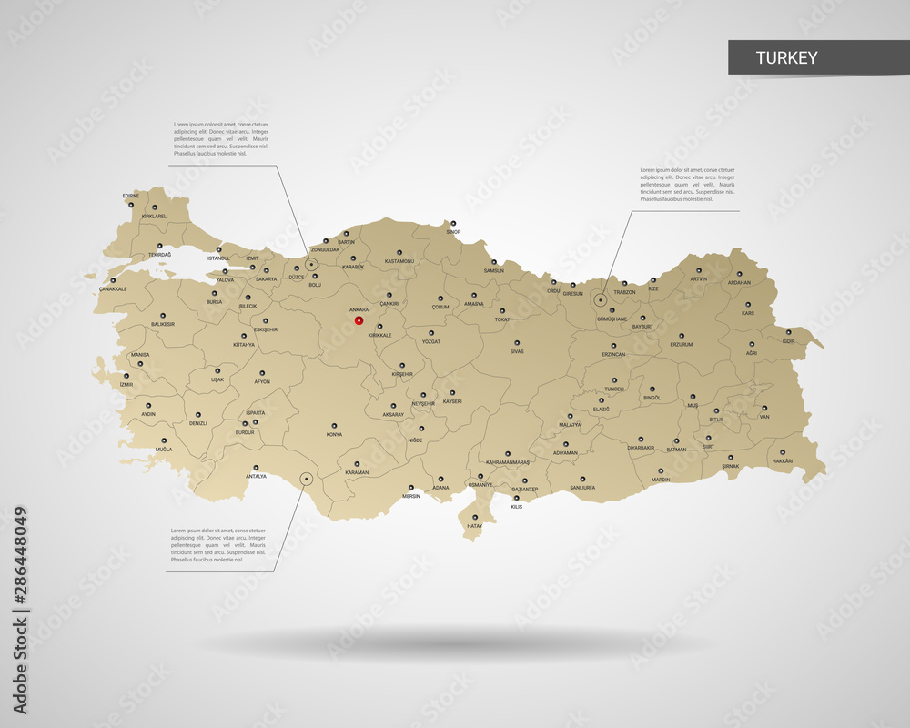 Stylized vector Turkey map. Infographic 3d gold map illustration with ...
