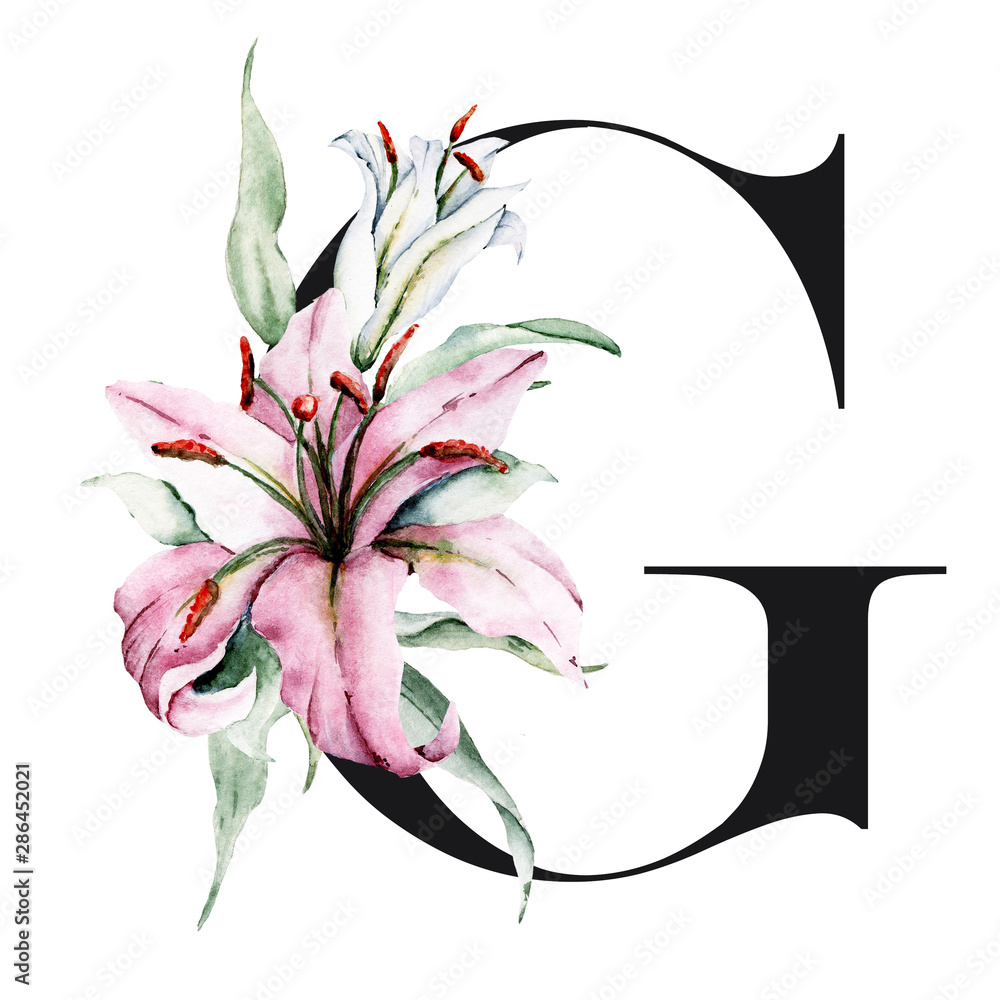 Floral alphabet, letter G with watercolor flowers lilies and leaves ...