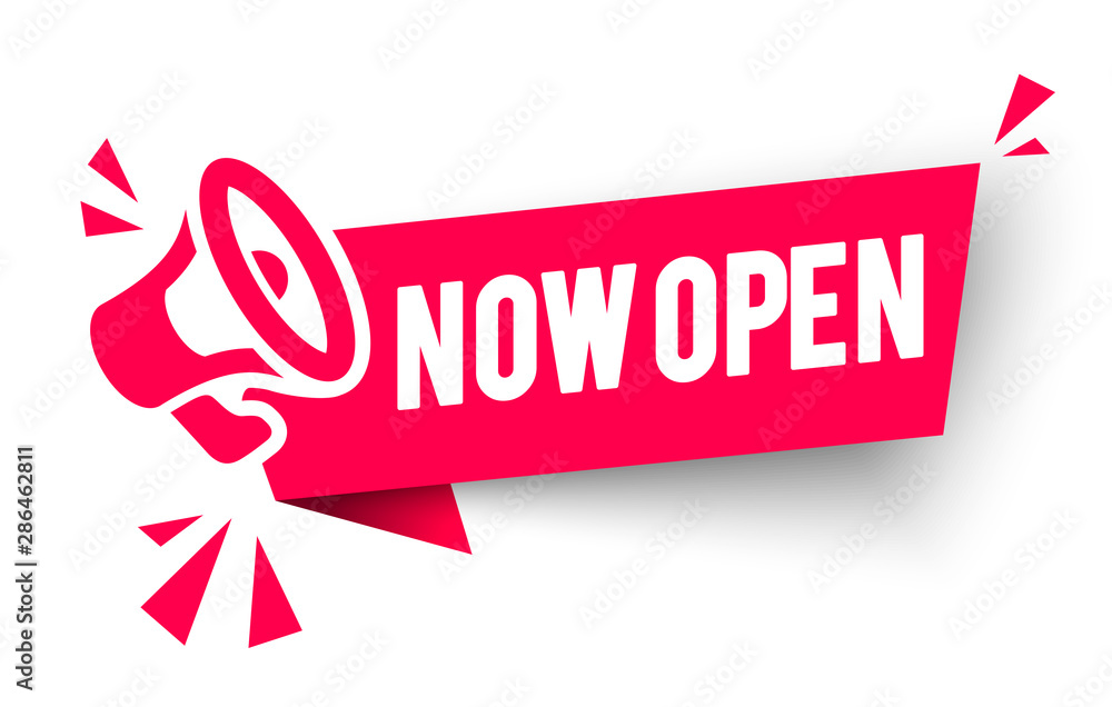 Vector Illustration Red Banner now open With Megaphone. Web Element ...