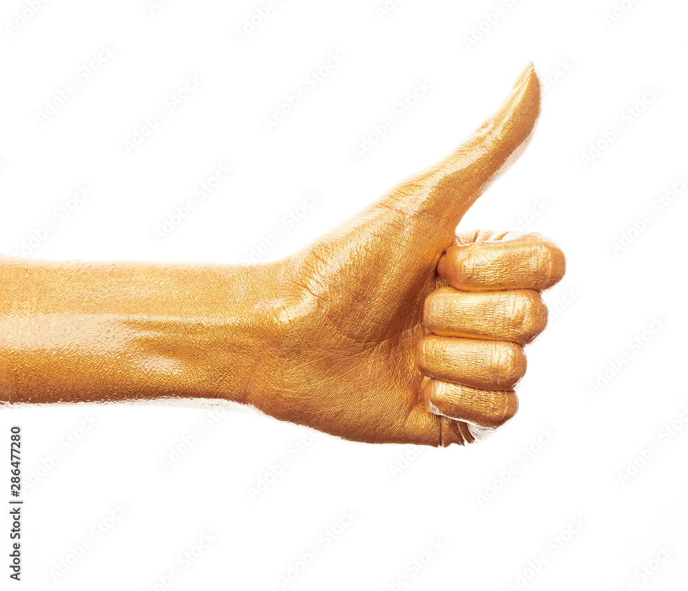 Hands in gold paint. Golden fingers. Female hand isolated on white ...