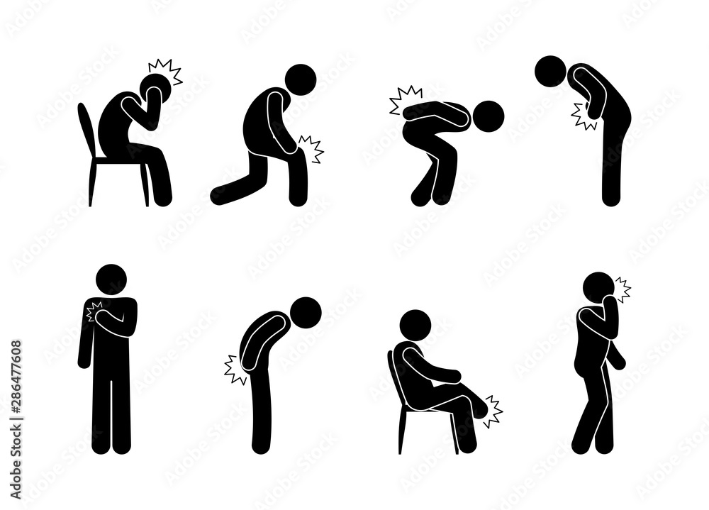 Body pain, head ache, back pain, people stick figure icon, sign symbol ...