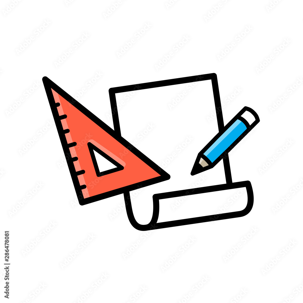 Notes, pencil and ruler icon cartoon, simple line art, editable stroke ...