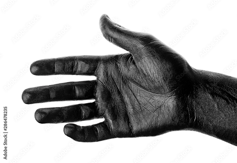 Black hand on white background, isolated, paint. ..Male hand isolated ...