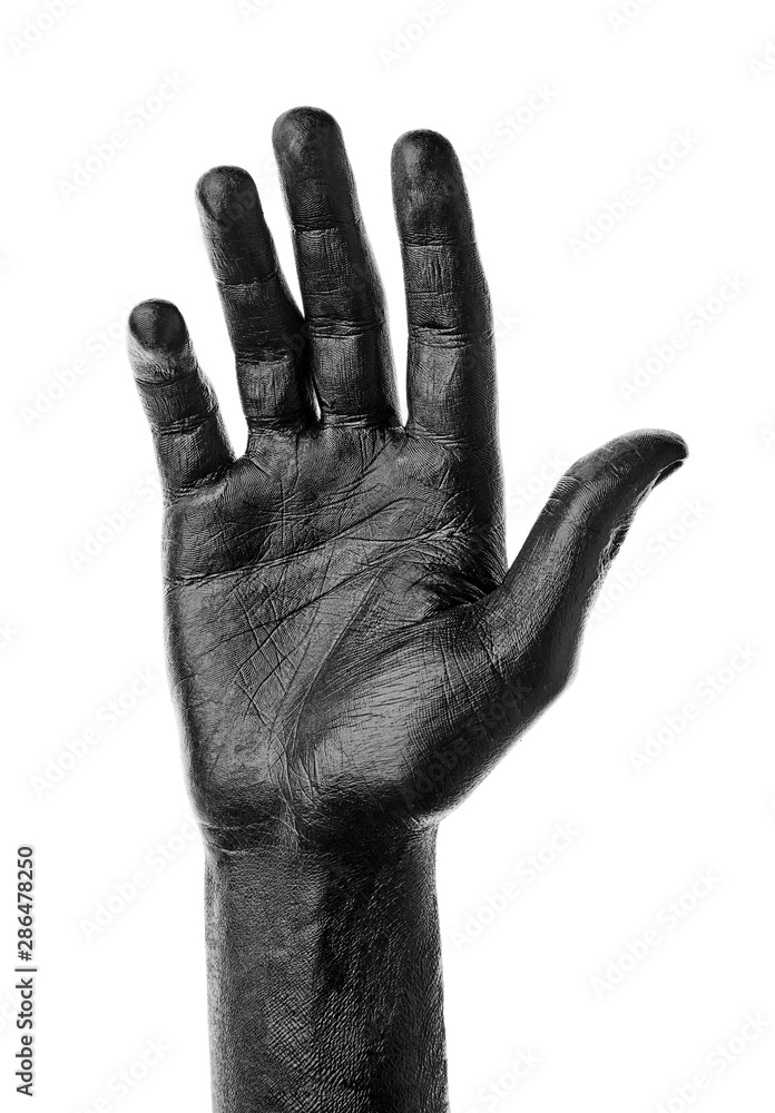 Black hand on white background, isolated, paint. ..Male hand isolated ...