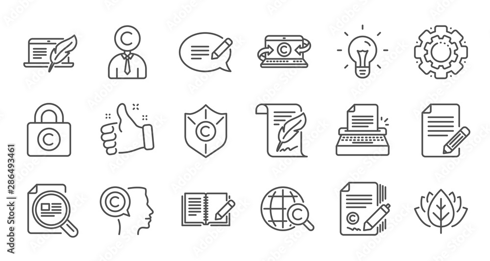 Copywriting line icons. Copyright, Typewriter and Feedback. Legal ...