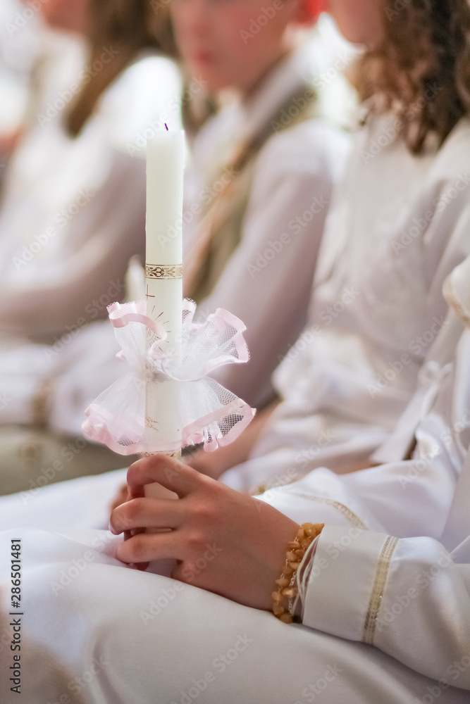 Christian church first holy communion children holding candles, rosary ...