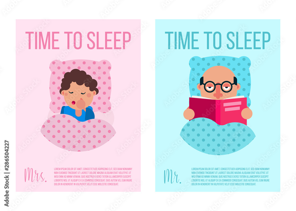 Time to sleep banners with man and woman in bed on pillows vector ...