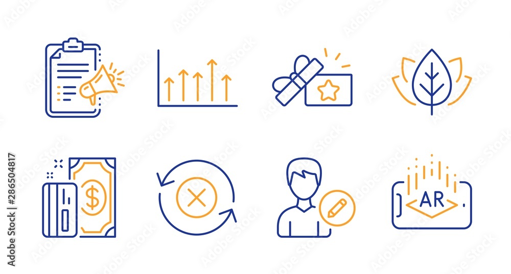 Reject refresh, Loyalty gift and Edit person line icons set. Megaphone checklist, Growth chart ...