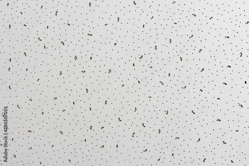 Ceiling tile surface closeup. Abstract white background with black dots ...
