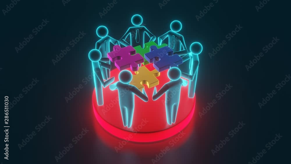 Four human 3d figures are holding pieces of a puzzle in their hands ...