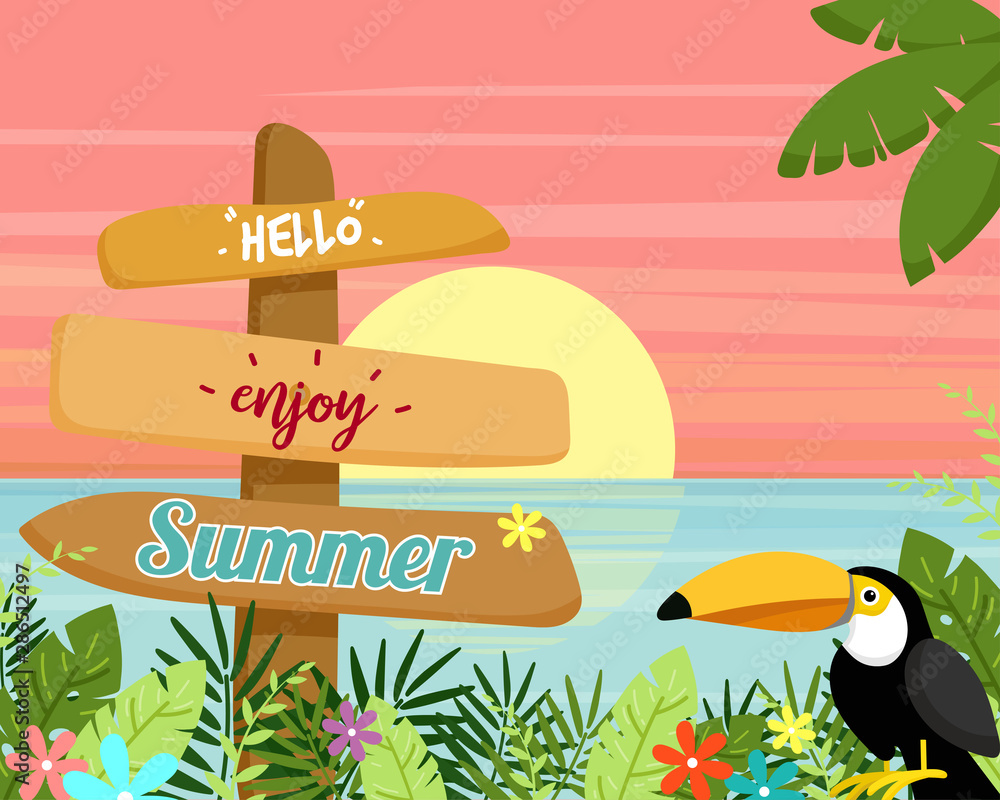 Summer vector banner design with Signs made of wood and hornbill bird ...