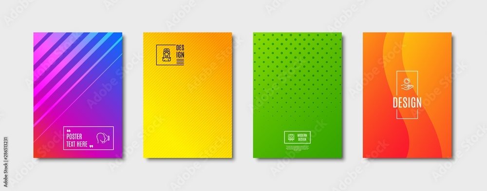 Sun protection, Face id and Vision board line icons set. Cover design ...