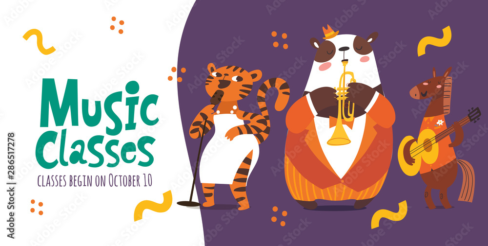 Vector music classes advertisement flyer or poster design with animals ...