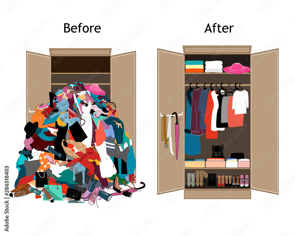 Vettoriale Stock Before untidy and after tidy wardrobe. Messy clothes ...