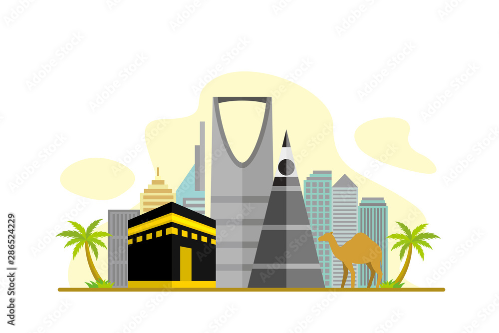 Saudi Arabia Famous Landmarks Travel Flat Concept Vector Illustration ...