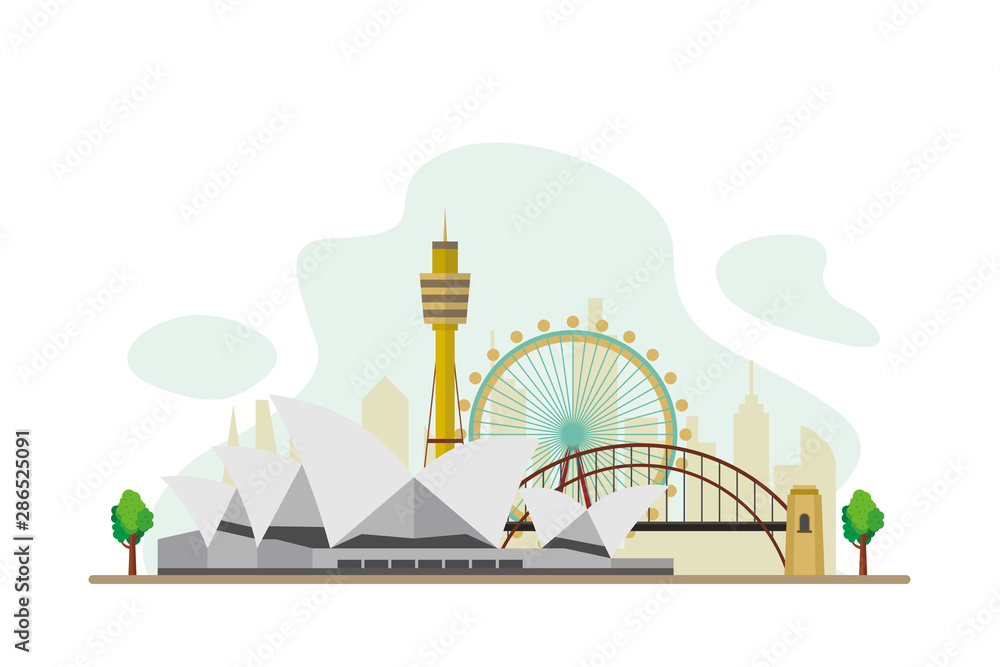 Australia Famous Landmarks Travel Flat Concept Vector Illustration ...