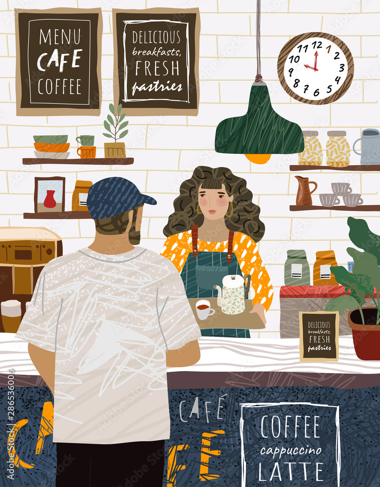 Cafe. Vector illustration of a waiter and a man ordering coffee in a ...