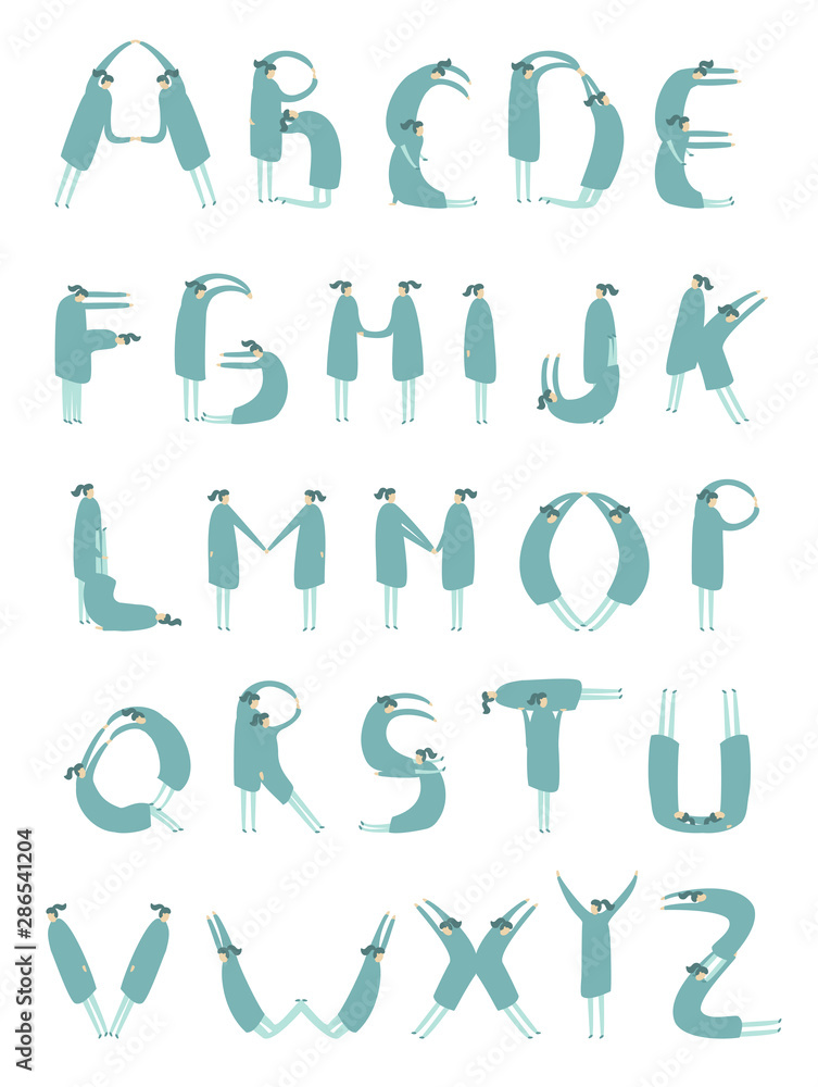 English alphabet with humans. Flat design. ABC cartoon vector. People ...