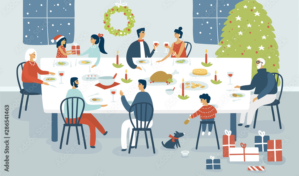 Vector cartoon illustration. Happy family celebrating Christmas at home ...