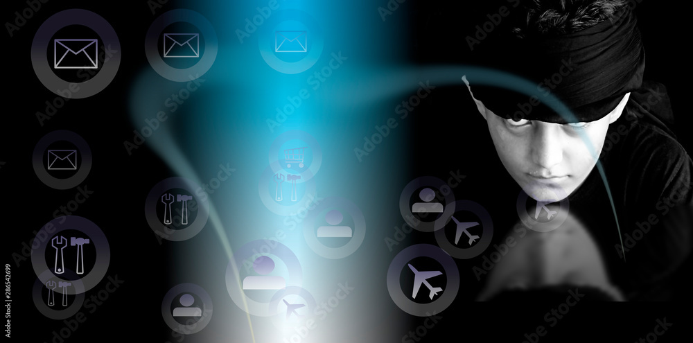 Low key portrait with various work icons indicating versatility and ...