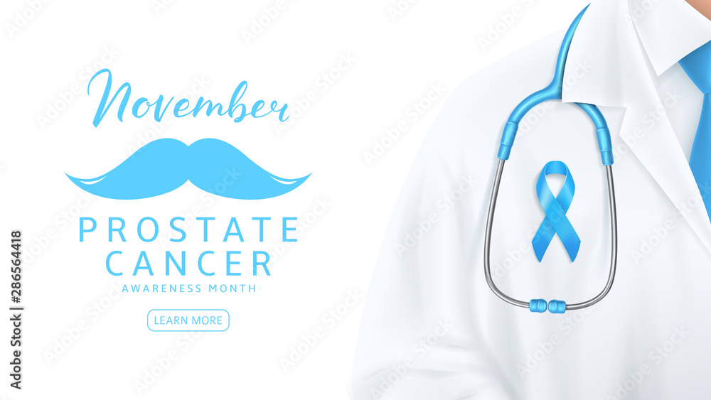 Web banner for Prostate cancer awareness month. Doctor with blue satin ...