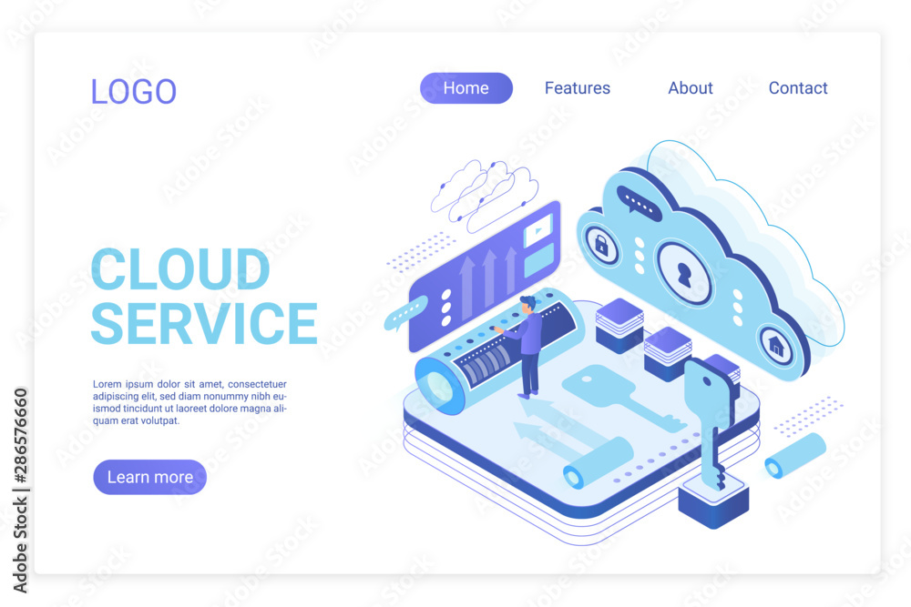 Cloud service landing page isometric vector template. Programmer ...