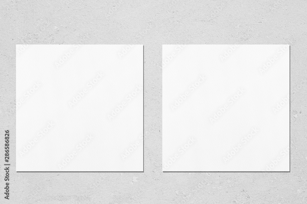 Two empty white square flyer or business card mockups with soft shadows ...
