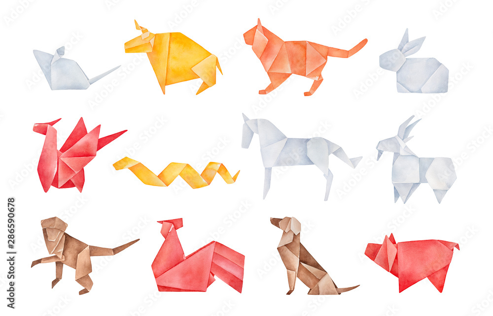 Folded origami pack of twelve traditional Chinese Zodiac Animals. Red ...