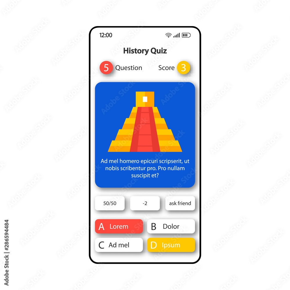 History quiz smartphone interface vector template. Mobile app page ...