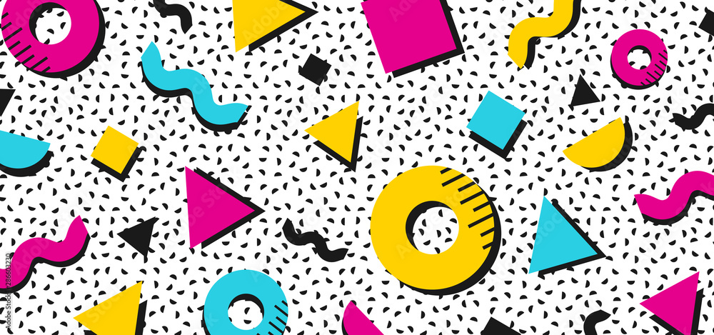 Background in the style of the 80s with multicolored geometric shapes. Illustration for hipsters ...
