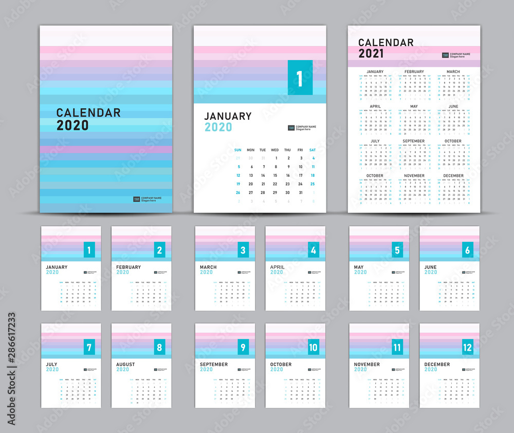 Set Desk Calendar 2020 template vector, pastel concept, Calendar 2021 ...