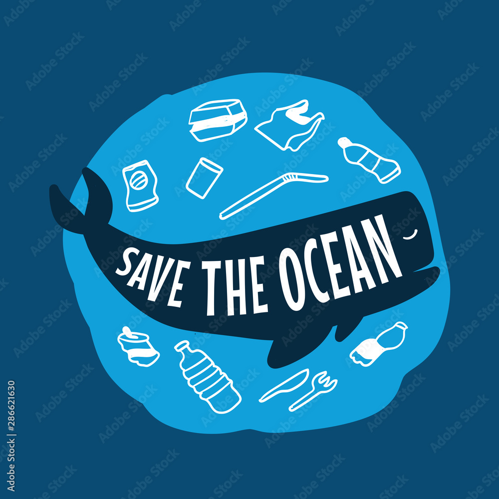 Vetor de Stop ocean plastic pollution. Save the ocean. Whale. do Stock ...