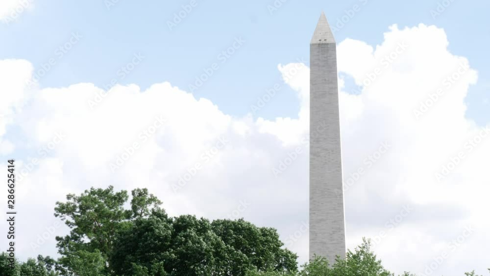Close up of the Washington Monument through some trees located in ...