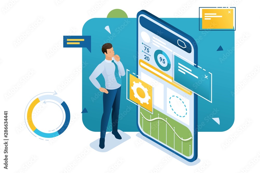 Young man works on a mobile application for data collection and ...