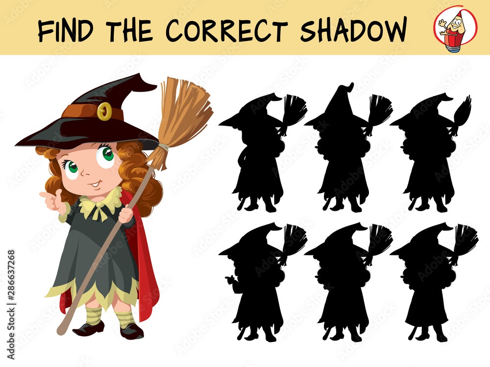 Cute little witch girl with a broomstick. Find the correct shadow ...