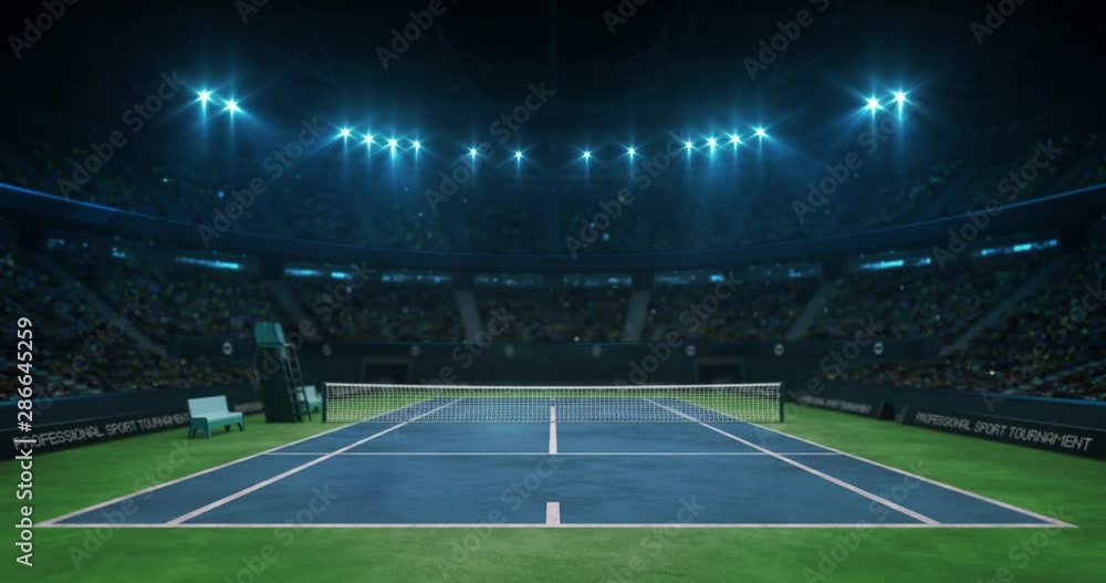 Lighting the tennis blue court before the game in the hall full of ...