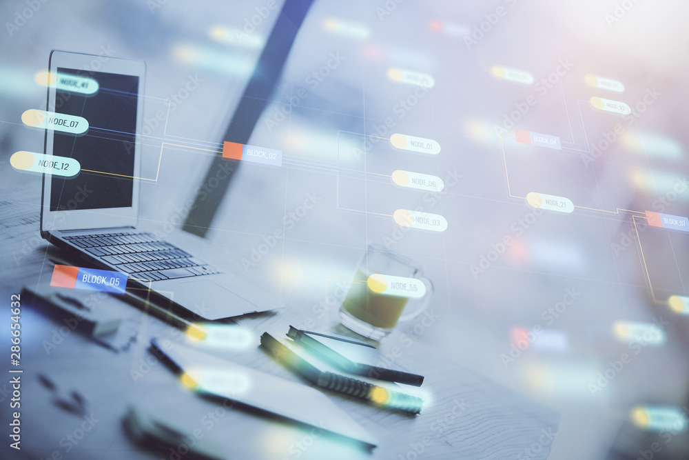 Double exposure of table with computer on background and data theme ...