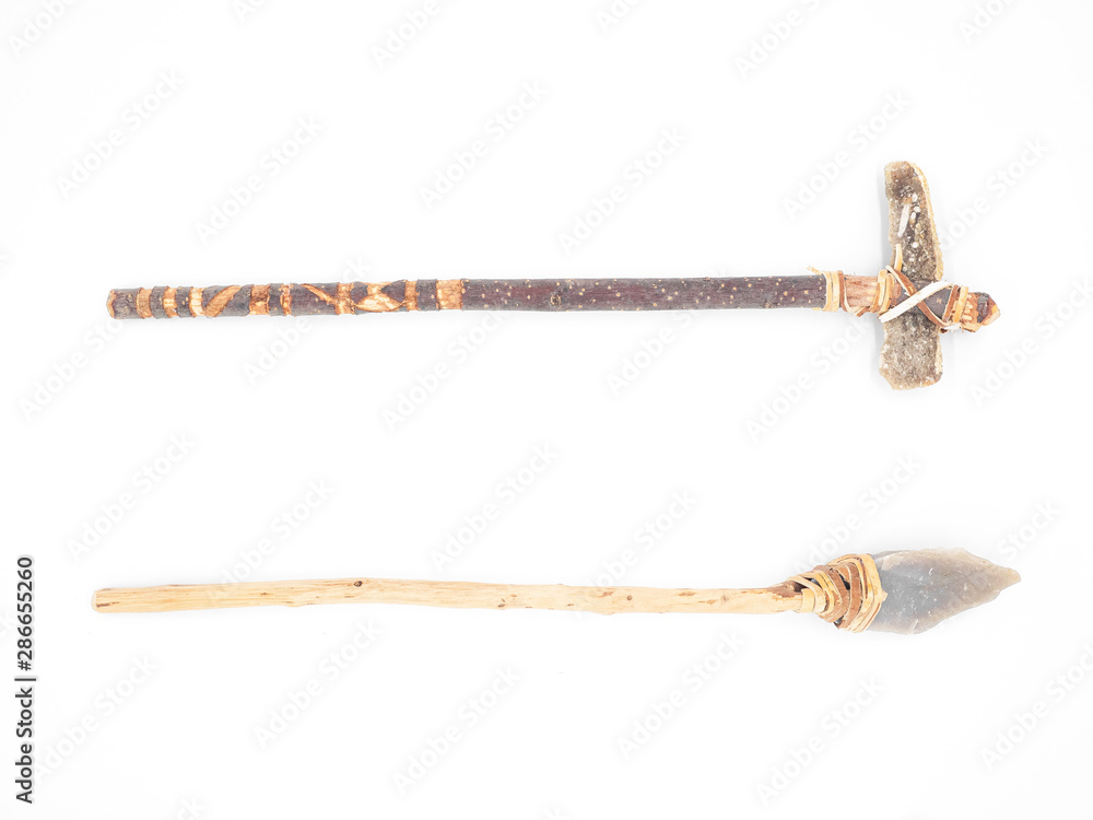 Replicas of the primal stone tools with wooden handles and leather ...