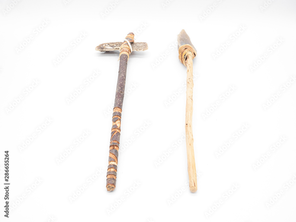 Replicas of the primal stone tools with wooden handles and leather ...