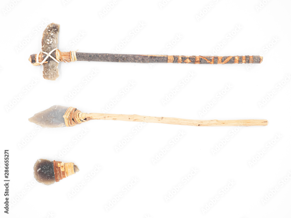 Replicas of the primal stone tools with wooden handles and leather ...