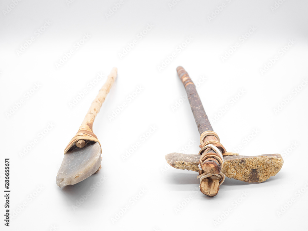 Replicas of the primal stone tools with wooden handles and leather ...