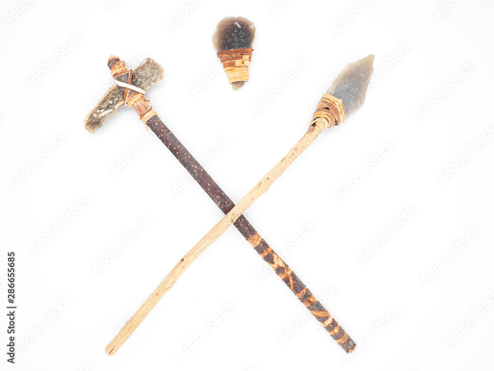 Replicas of the primal stone tools with wooden handles and leather ...